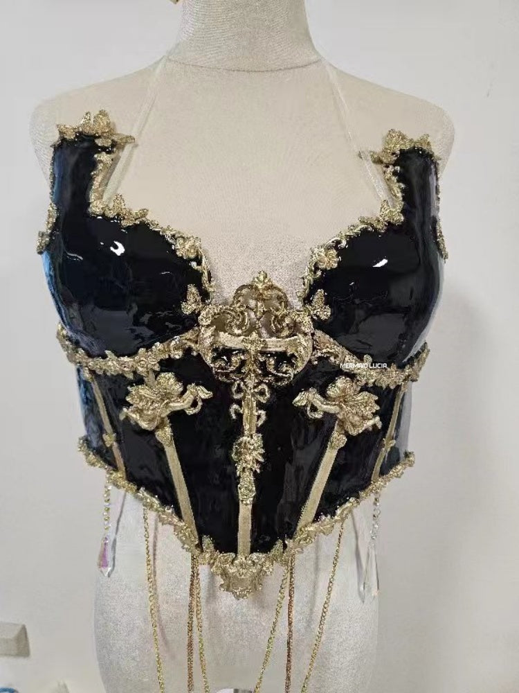 Marbled Fishbone Black with Gold Trim Resin Mermaid Corset Bra Top Cos ...