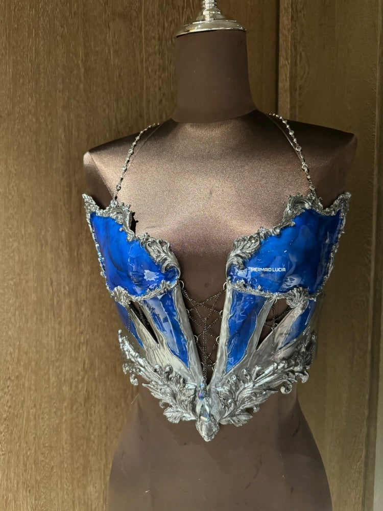 Blue Crystal Queen Resin Mermaid Corset Bra Top Cosplay Costume Patent ...