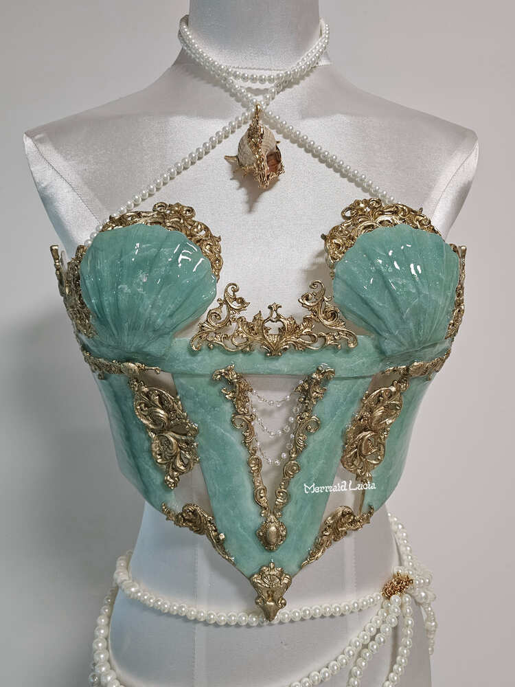 Olive Green Vintage Palace Shell Resin Mermaid Corset Bra Top Cosplay ...