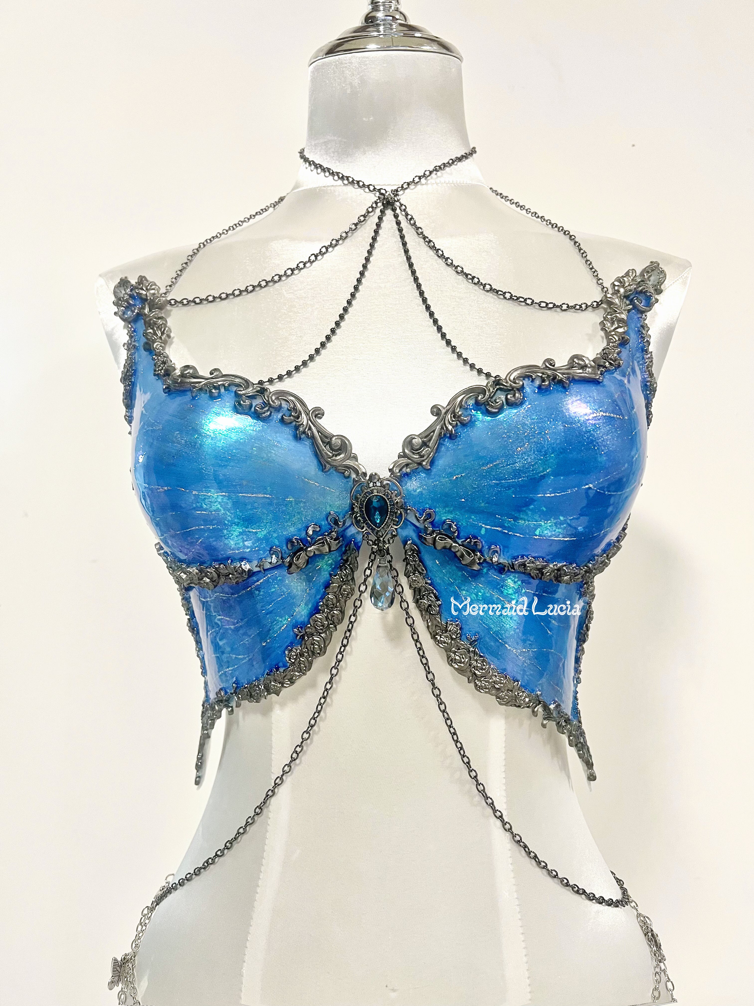 Sapphire Blue Glaze Butterfly Shells Resin Porcelain Mermaid Corset Br ...