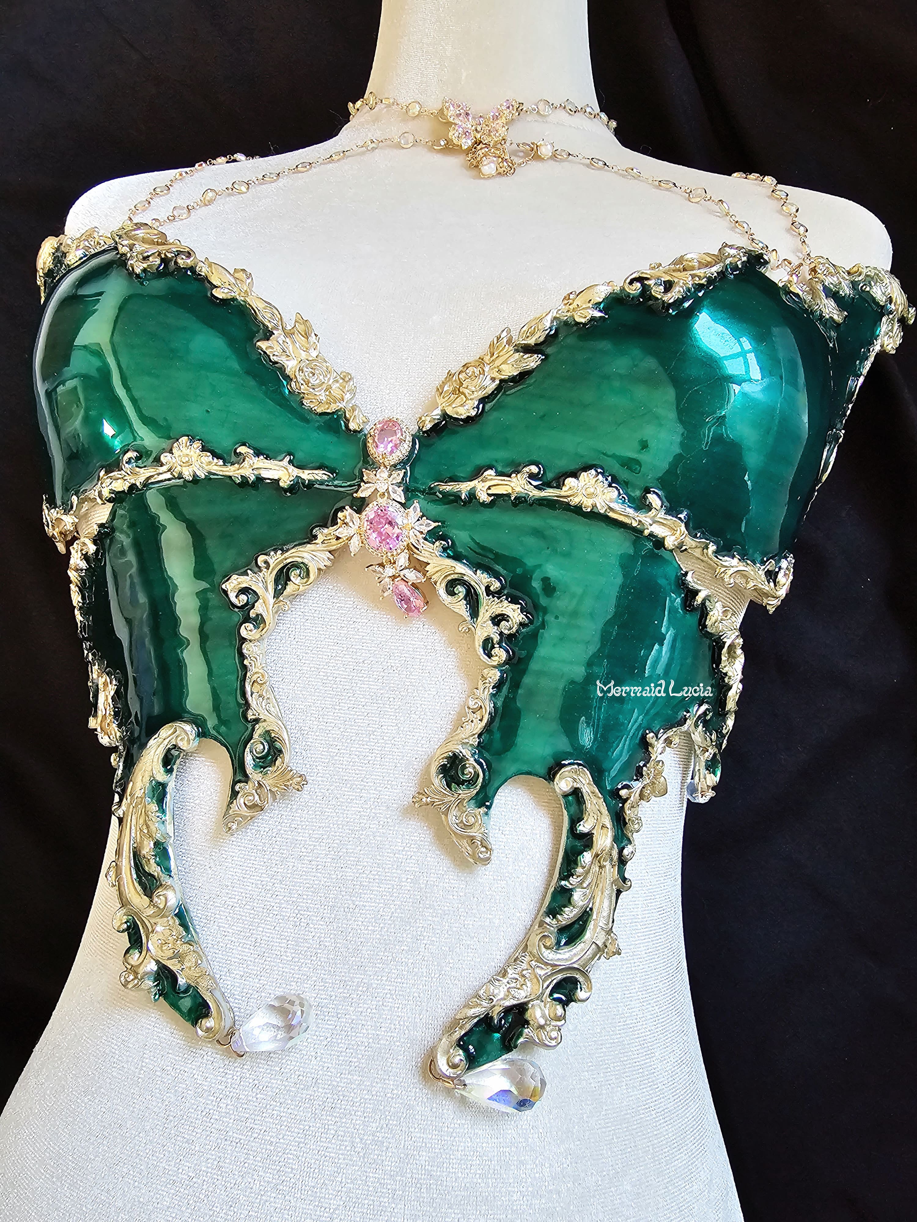 Dark Green Luna Moth Resin Mermaid Corset Bra Top Cosplay Costume Pate ...