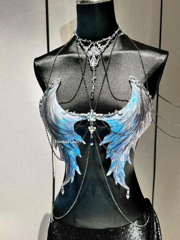 Metallic Color Angel Wings Resin Porcelain Mermaid Corset Bra Top Cosp ...
