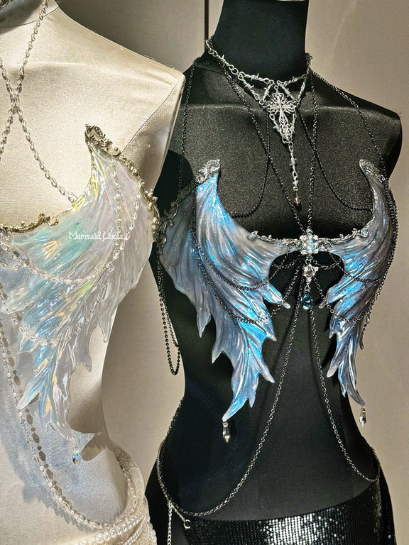 Metallic Color Angel Wings Resin Porcelain Mermaid Corset Bra Top Cosp ...
