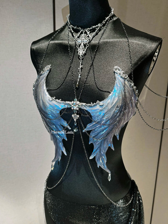 Metallic Color Angel Wings Resin Porcelain Mermaid Corset Bra Top Cosp ...