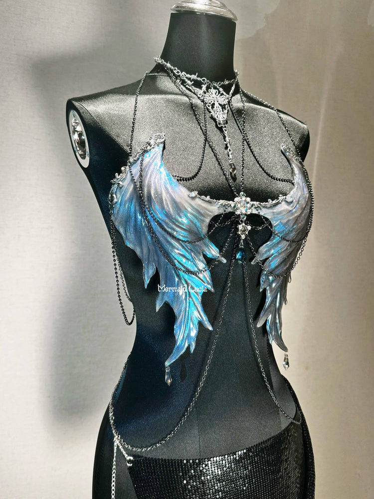 Metallic Color Angel Wings Resin Porcelain Mermaid Corset Bra Top Cosp ...