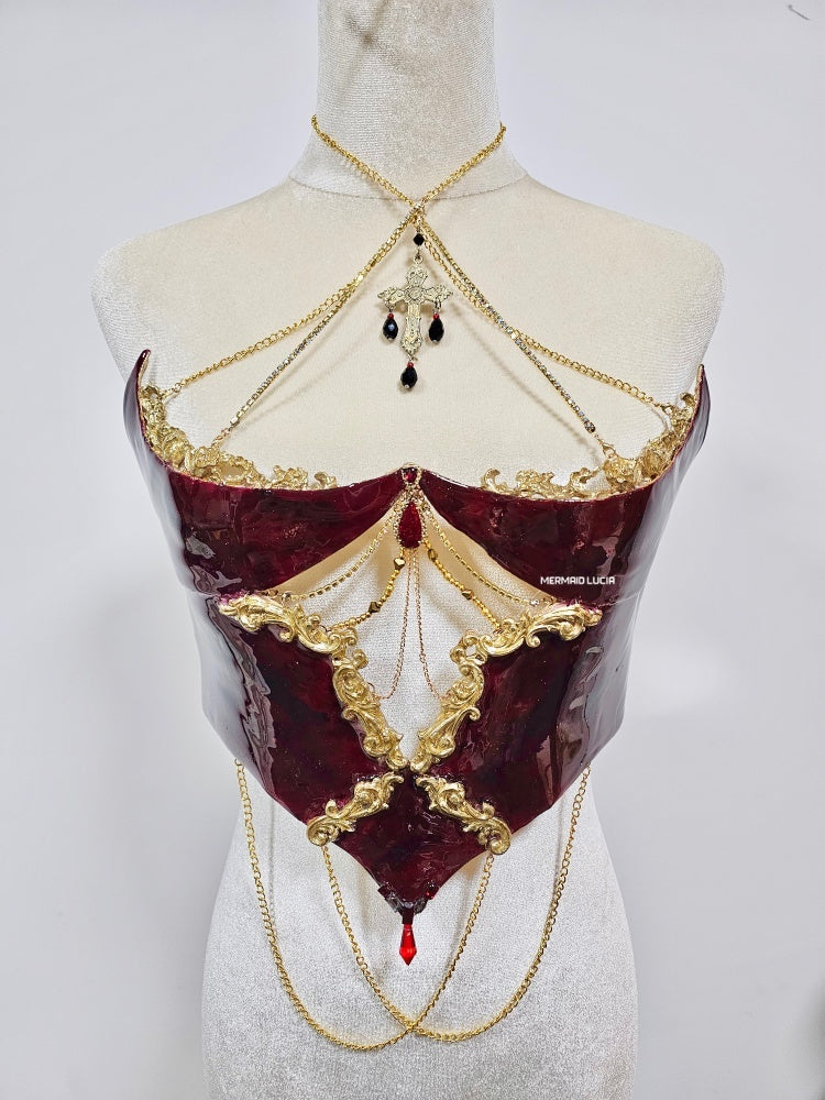 Red Golden Rose Gothic Blood Resin Mermaid Corset Bra Top Cosplay Cost ...